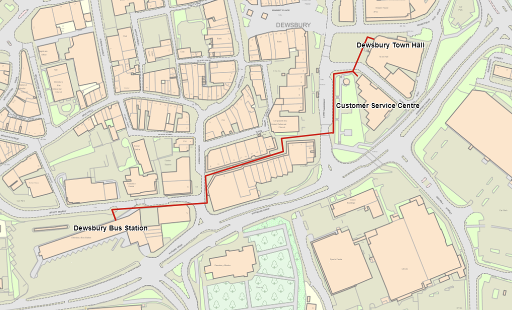 Dewsbury Bus Station to Town Hall/Customer Service Centre | AccessAble